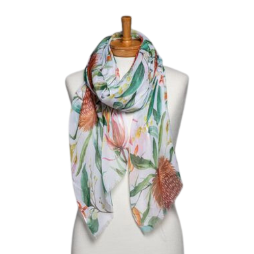 THSS2568: White: Native Australian Flower Scarf - Taylor Hill Scarves & Co.